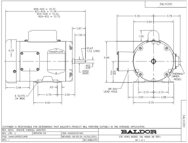 L3406 Baldor Single Phase Enclosed Foot Mounted 1/3HP, 1725RPM, 48 ...