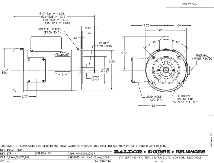 VL3513T Baldor Single Phase Enclosed C-Face, Footless, 1 1/2HP, 3450RPM ...